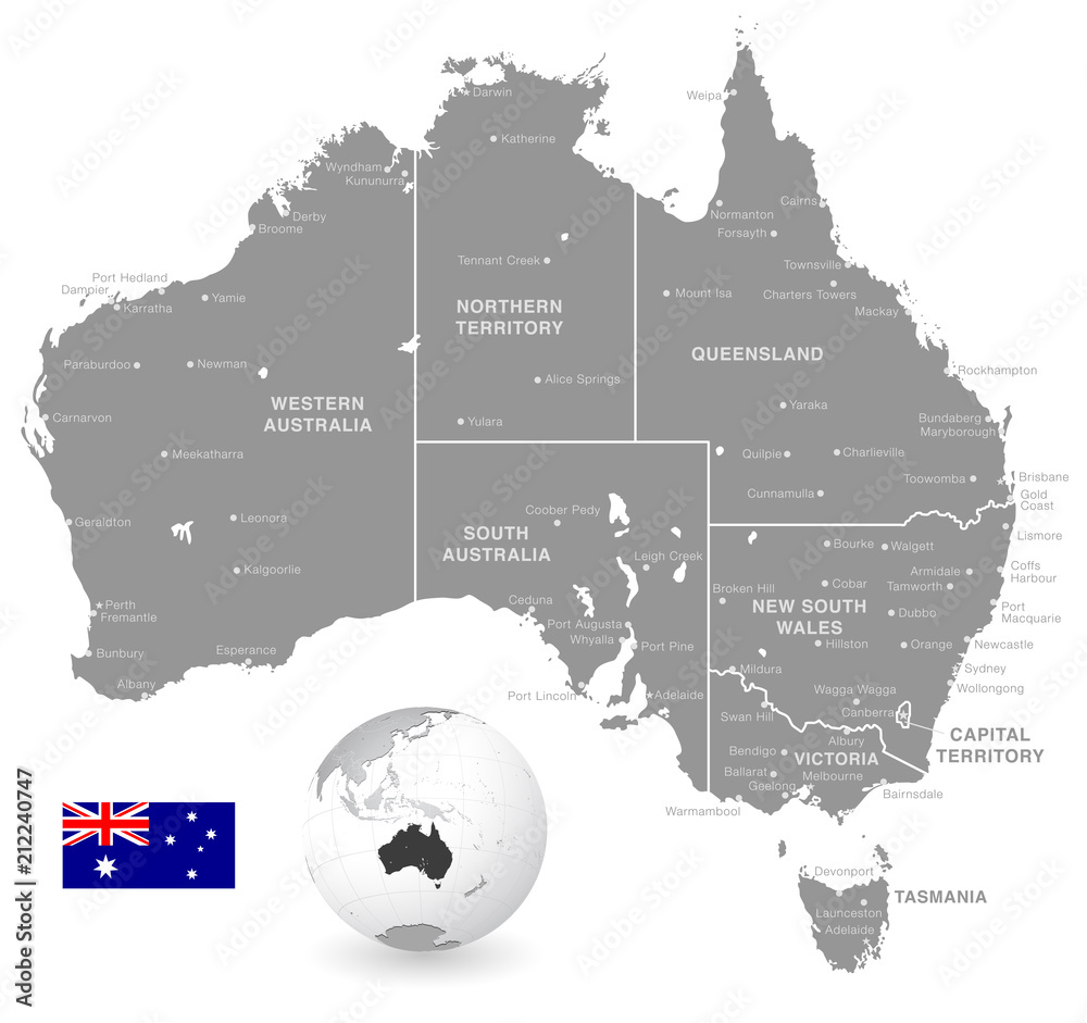 Grey Vector Political Map of Australia Stock Vector | Adobe Stock