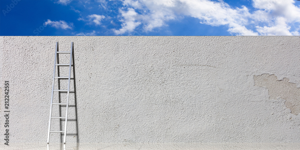 Metal ladder against a white wall, blue sky background, copy space. 3d ...