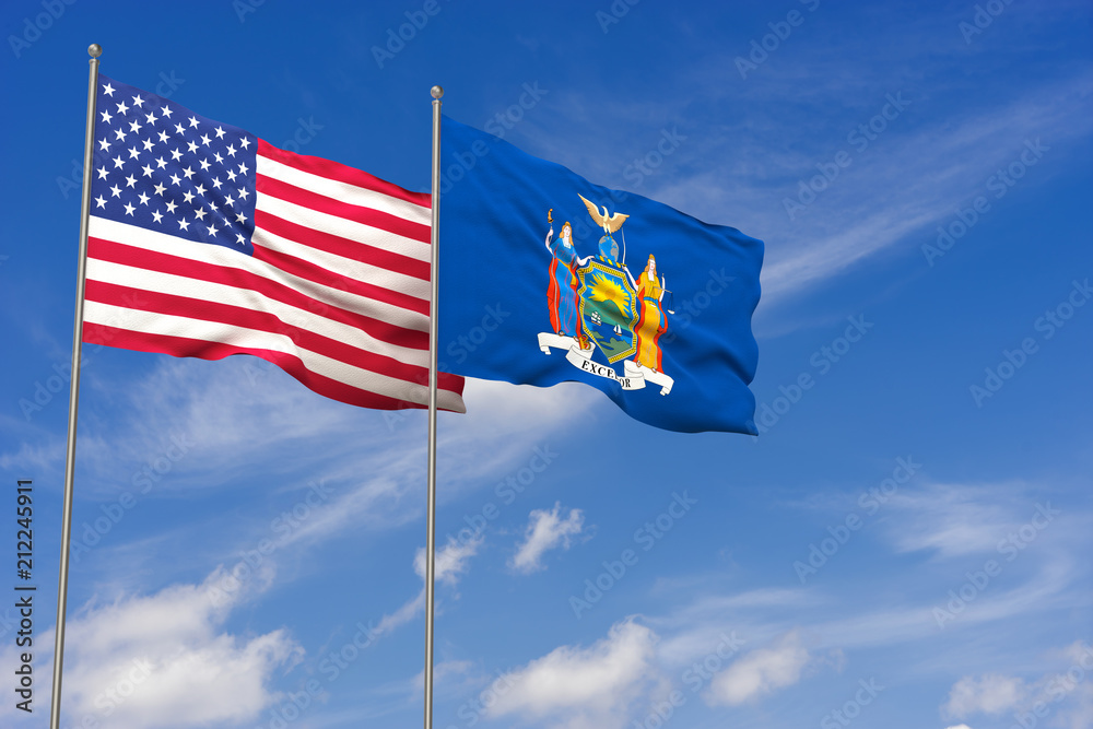 USA and New York flags over blue sky background. 3D illustration Stock Illustration | Adobe Stock