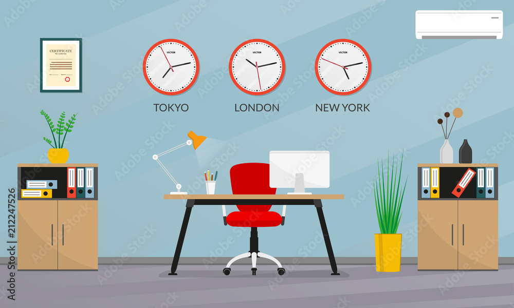 Office interior design. Modern business workspace with office chair ...