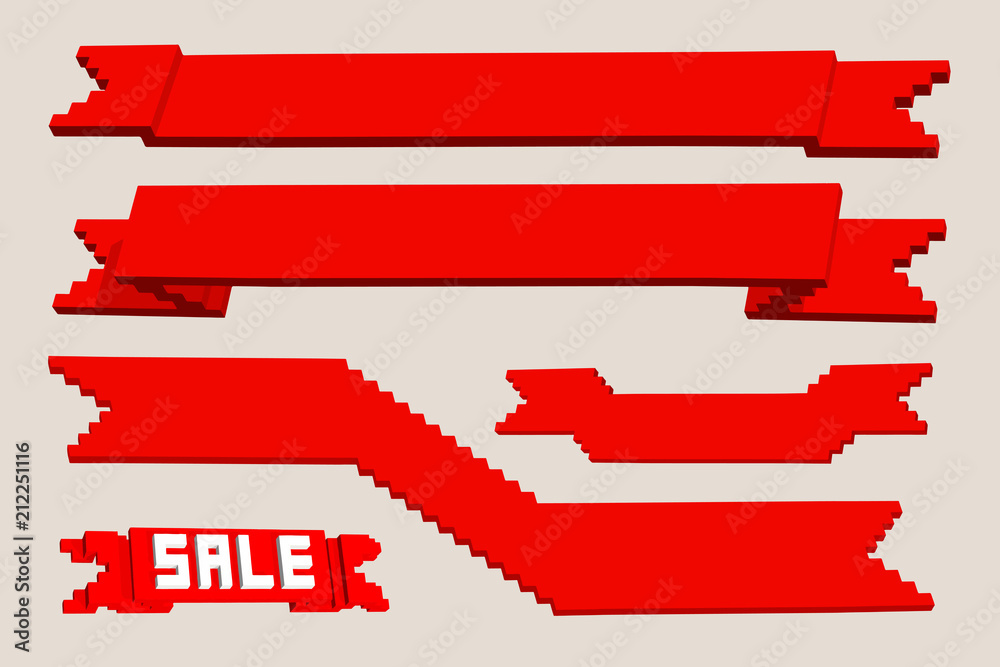 Sale banner. A set of different red ribbons flags. 3d cubes pixel art ...