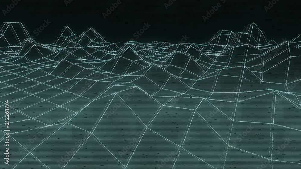 Hologram neon low poly grid landscape animation with interference ...