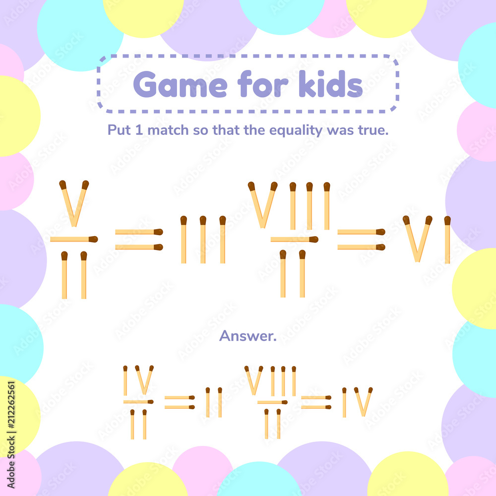 vector illustration. math game for kids. Put 1 matchstick so that the ...