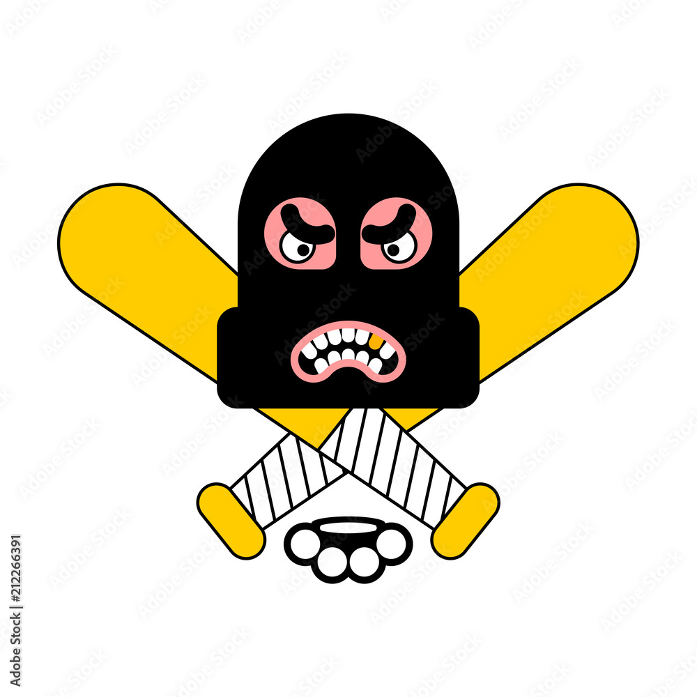 Criminal logo. Robber sign. brass knuckles and baseball bat. Rogue head ...