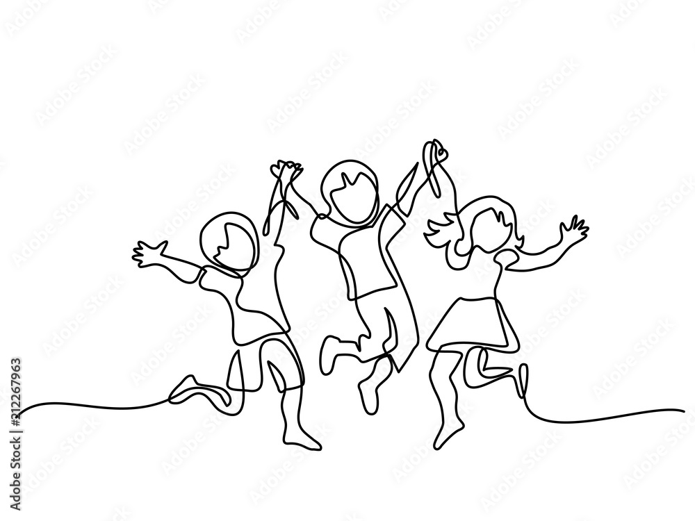 Happy jumping children holding hands. Continuous line drawing. Vector ...