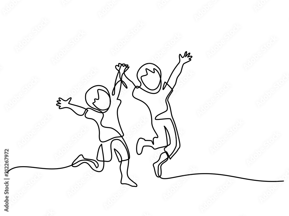 Happy jumping children holding hands. Continuous line drawing. Vector ...