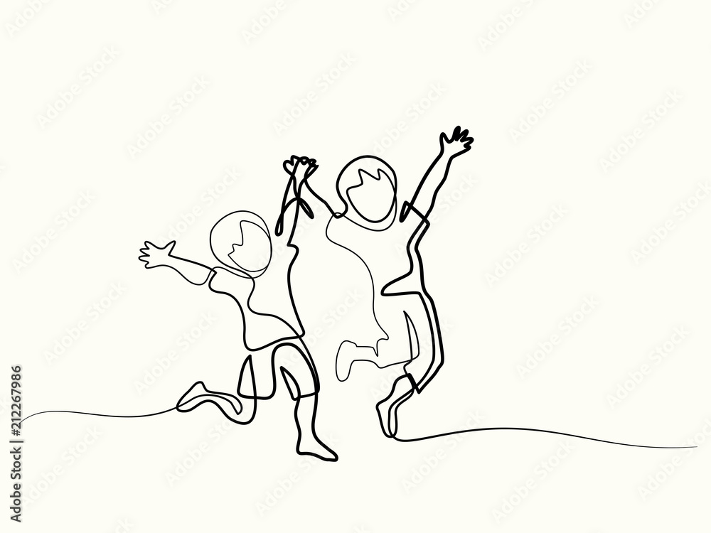 Happy jumping children holding hands. Continuous line drawing. Vector ...