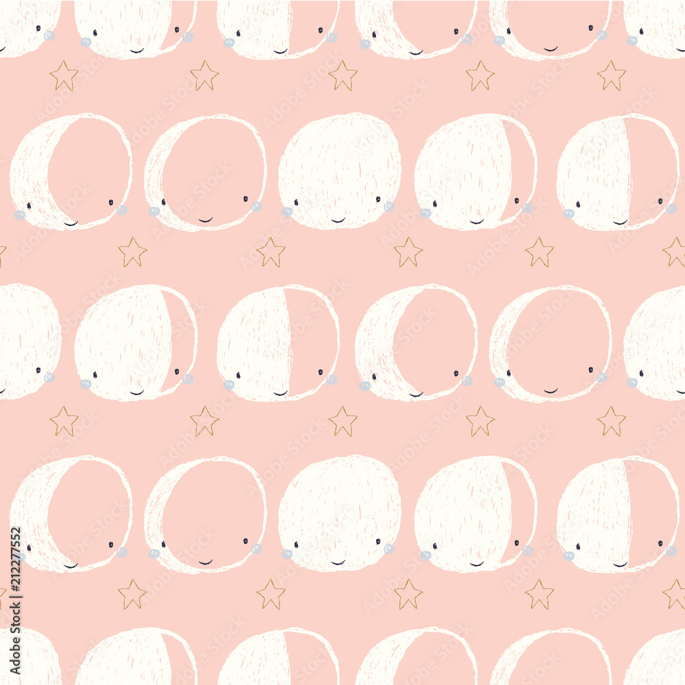 vector smiling moon phases on pink seamless repeat pattern. Perfect for ...