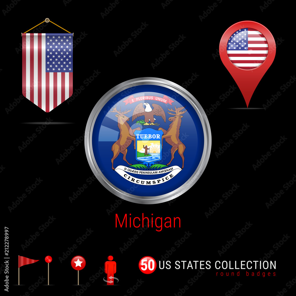 Round Chrome Vector Badge with Michigan US State Flag. Pennant Flag of ...