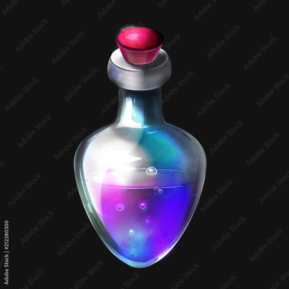 Raster illustration; isolated glass magic bottle; bright colorful ...