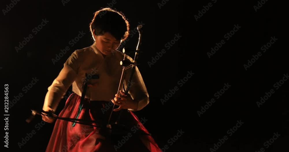 Korean female musician playing the Haegeum which is the Korean ...