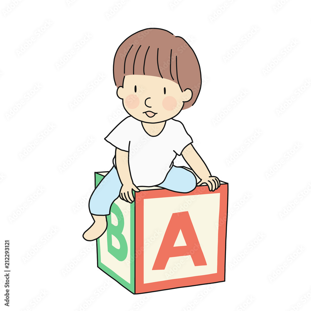 Vector illustration of one little kid sitting on abc alphabet block ...