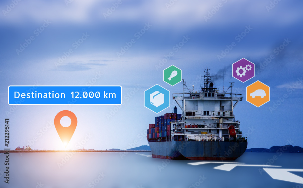 Cargo ship Sending goods to destination with sunlight at horizon ...