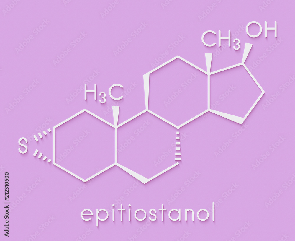 Epitiostanol (epithioandrostanol) cancer drug molecule. Skeletal ...