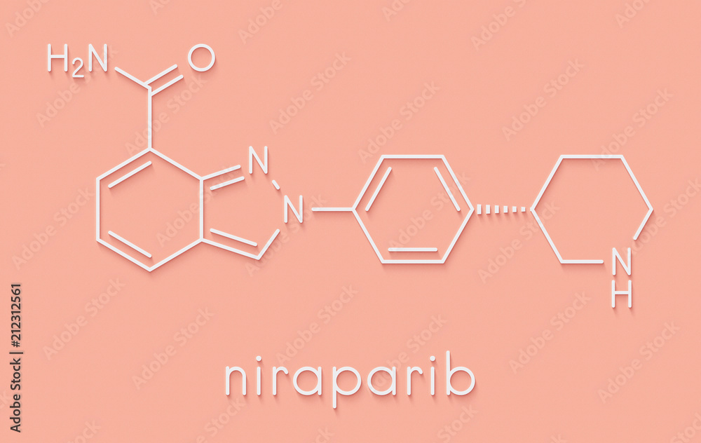 Niraparib cancer drug molecule (PARP inhibitor). Skeletal formula ...