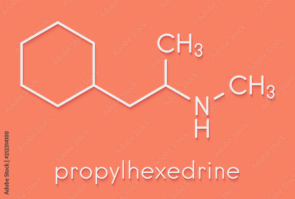 Propylhexedrine molecule. Used as nasal decongestant and stimulant ...