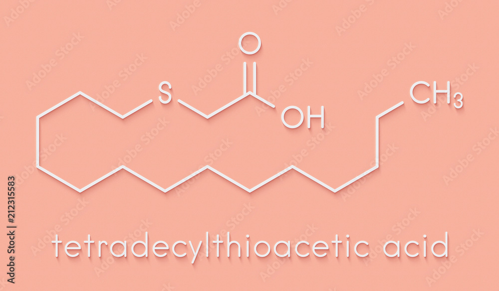 Tetradecylthioacetic acid (TTA) synthetic fatty acid molecule. Skeletal ...
