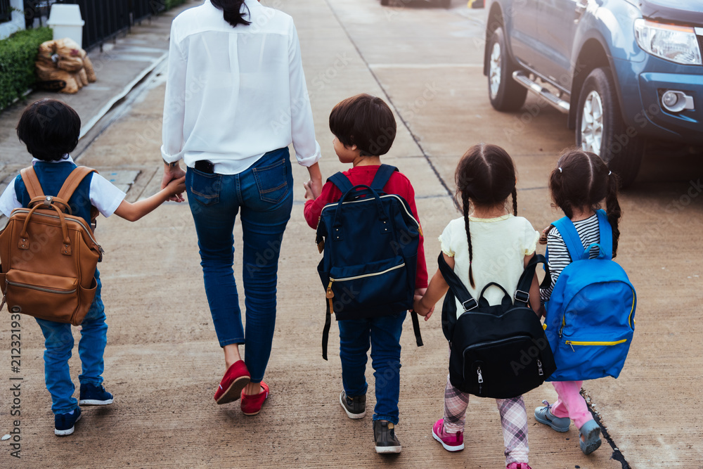 Children kid son girl and boy kindergarten walking going to school ...