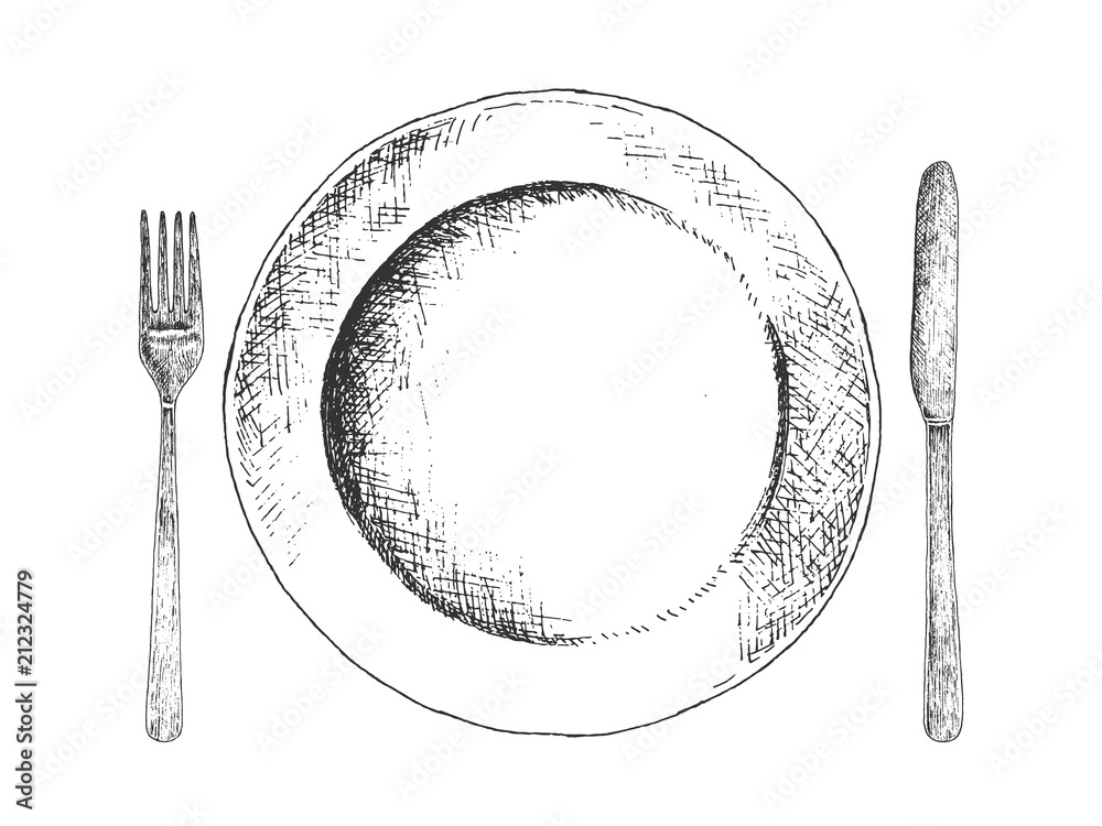 Hand drawn dish, fork and knife. Stock Illustration | Adobe Stock