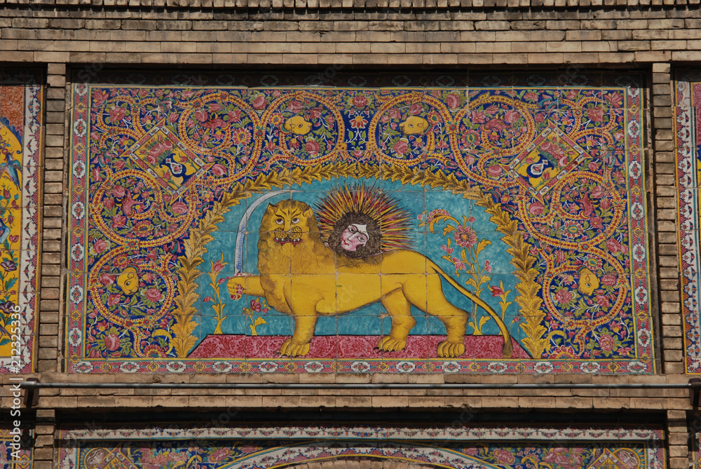 Lion with a sword, Emblem of Persia depicted on the tiled wall of ...