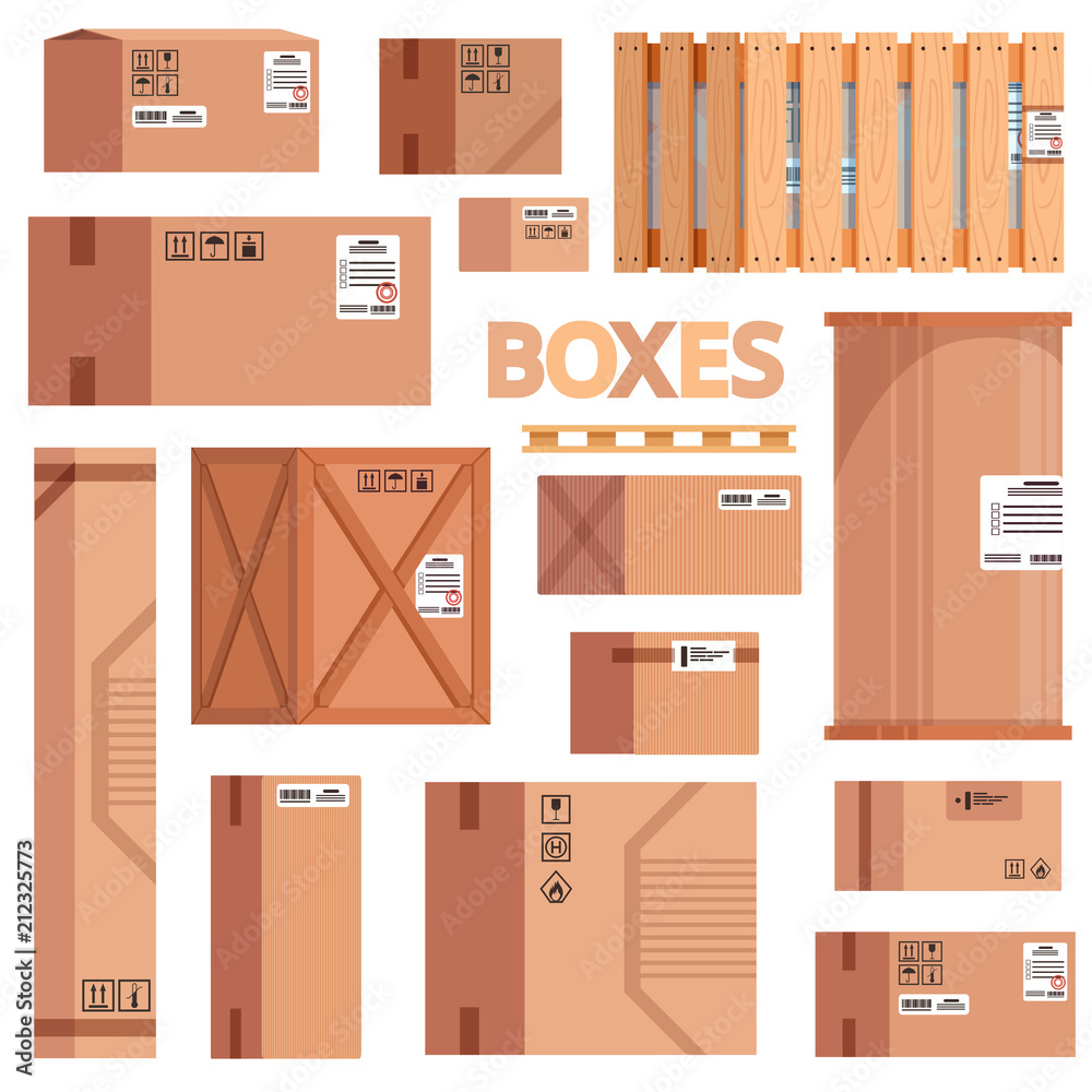 Set of boxes, cargoes and boxes for sending and carriage with markings ...