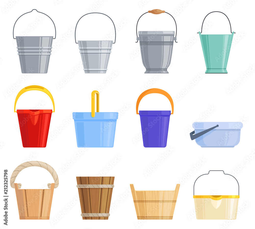 Set of different iron, plastic and wooden buckets of different shapes ...