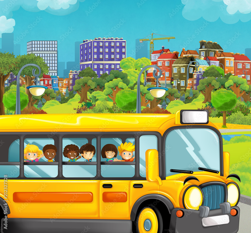 cartoon scene with kids in the school bus - trip in the city ...