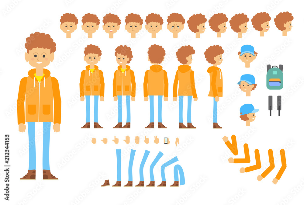 Animated character of teenager in modern outfit. Creative set with ...