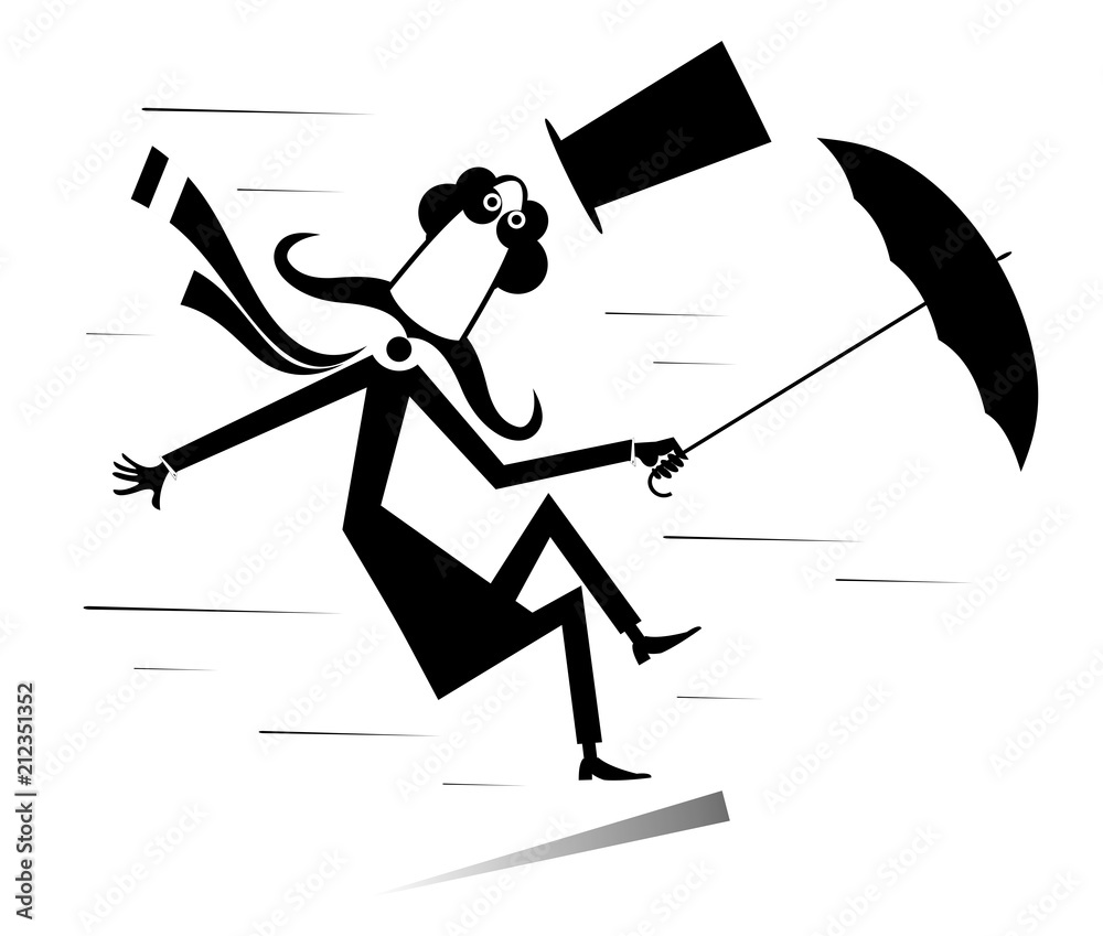 Strong wind and a long mustache man lost his hat and try to keep an ...