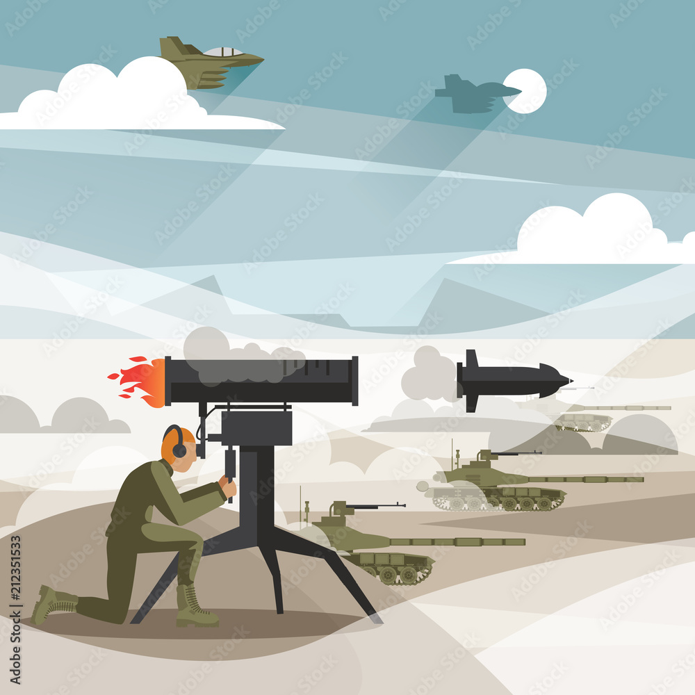 Vector scene with military training and education. Soldier with grenade ...