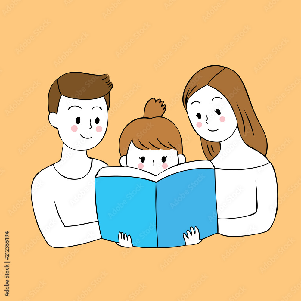Cartoon cute parents and baby reading book vector. Stock Vector | Adobe ...