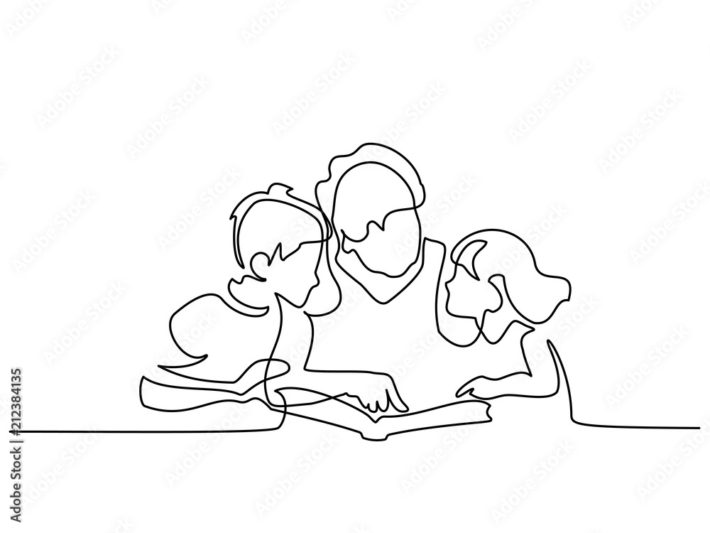 Continuous one line drawing. Grandmother reading book with her ...
