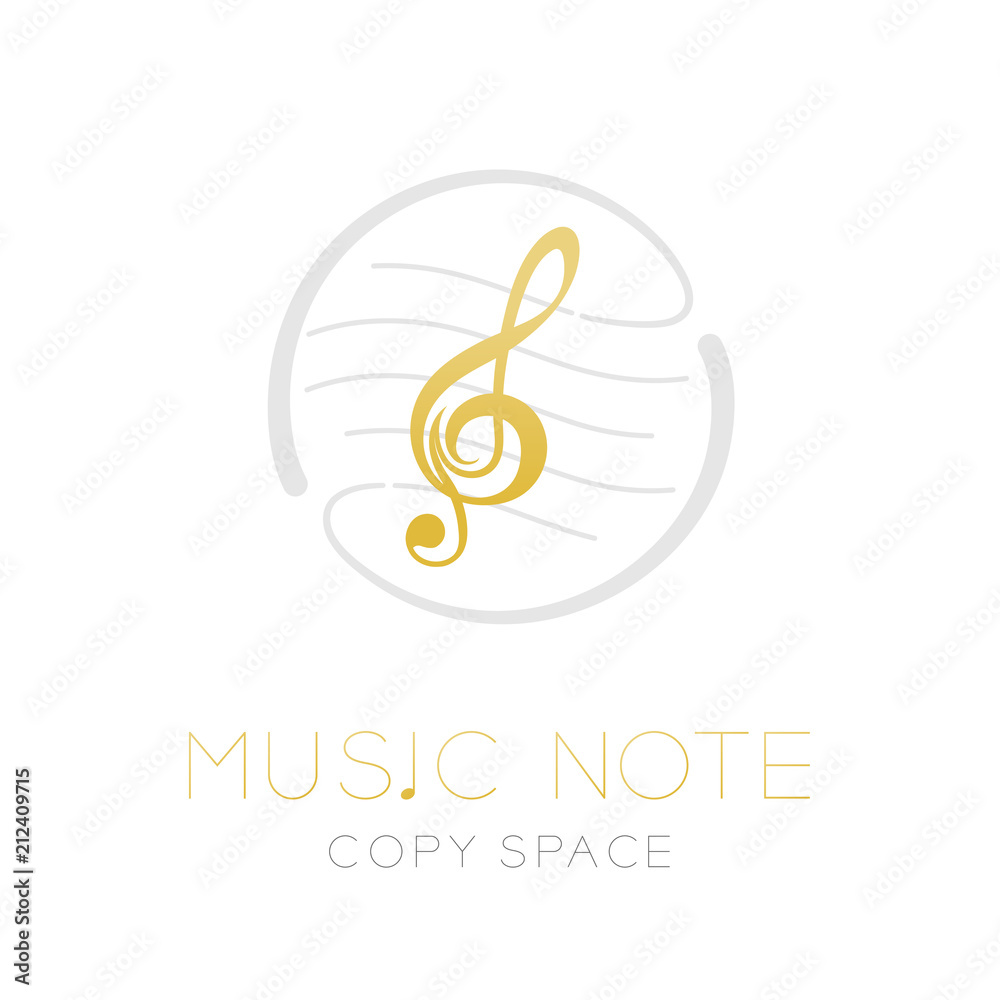 Music note gold color with dash line staff circle shape frame, logo ...