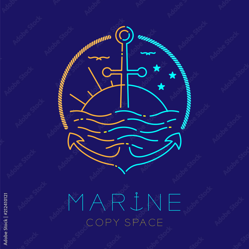 Anchor, sun, moon and wave shape, logo icon outline stroke set dash ...