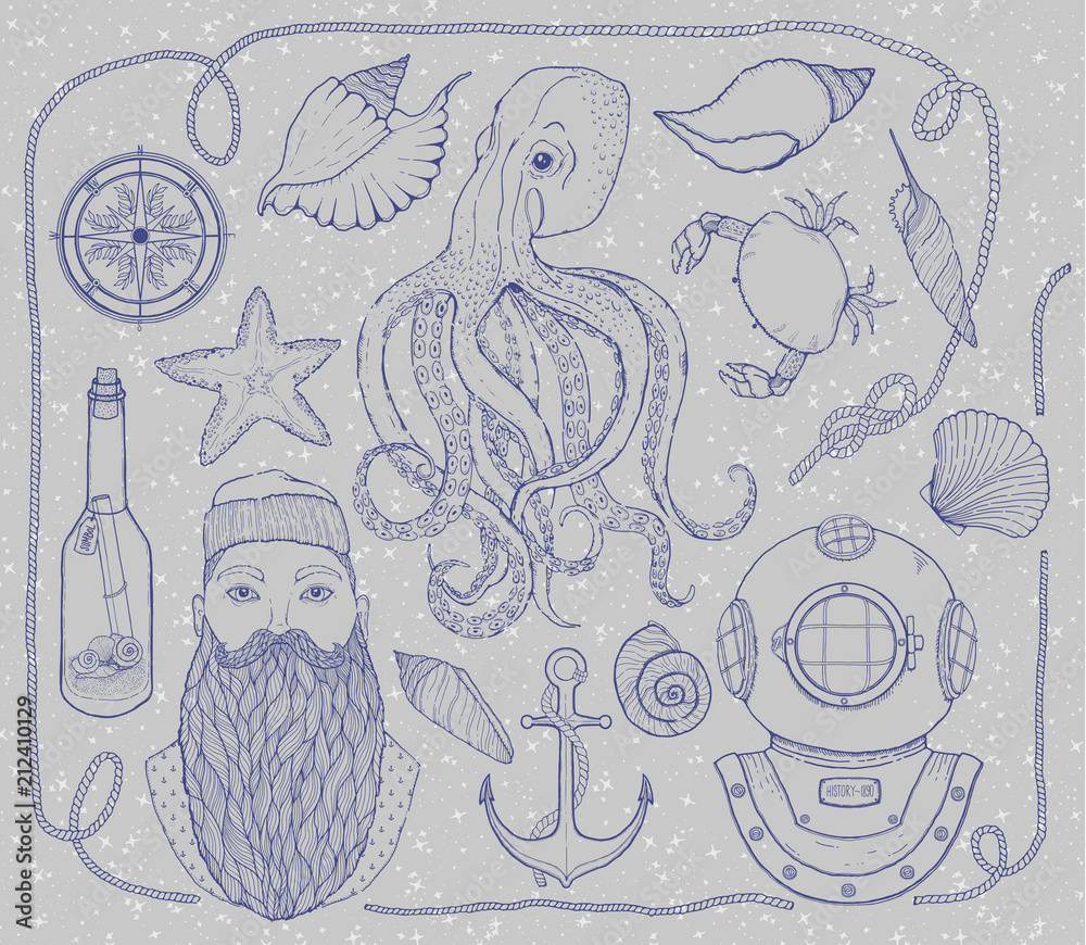 Hand drawn Vintage nautical Set. It consists of octopus, anchor, sailor ...
