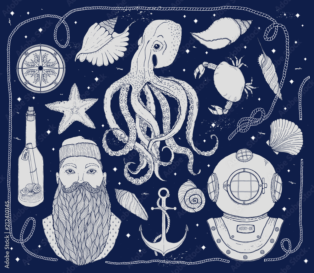 Hand drawn Vintage nautical Set. It consists of octopus, anchor, sailor ...