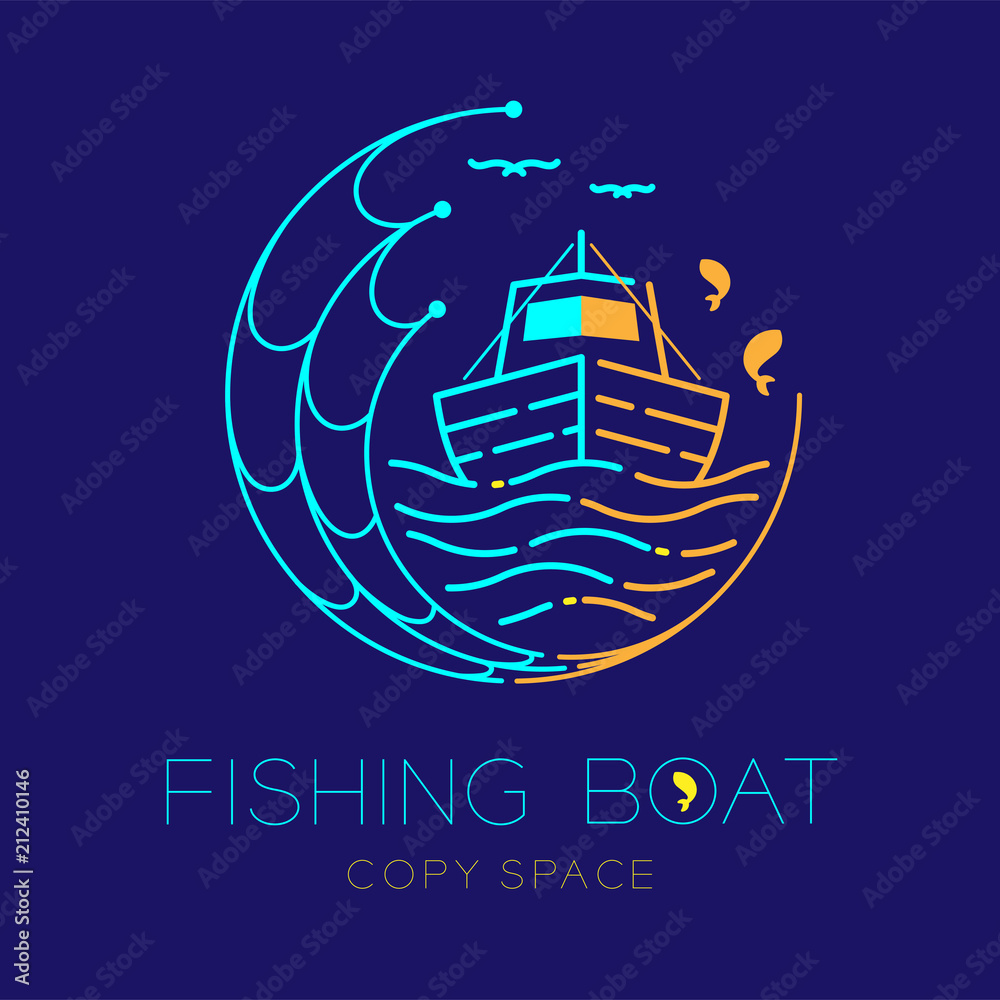 Fishing boat, fish, seagull, wave and Fishing net circle shape logo ...