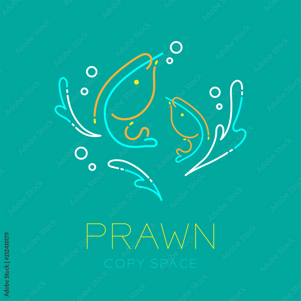 Prawn or shrimp, Water splash and Air bubble logo icon outline stroke set dash line design ...