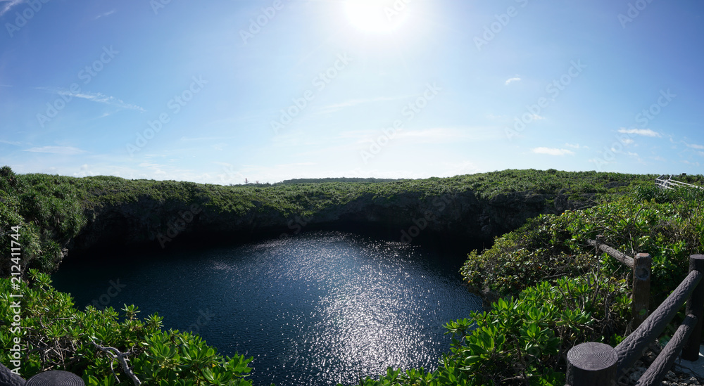Okinawa,Japan-July 7, 2018: Tori ike is a blue hole at Shimoji island ...