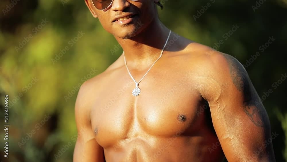 Muscular black african man body topless in park closeup vídeo do Stock ...
