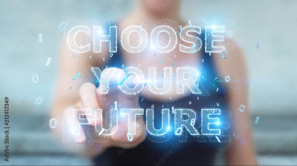 Businesswoman using future text interface 3D rendering Stock Photo ...