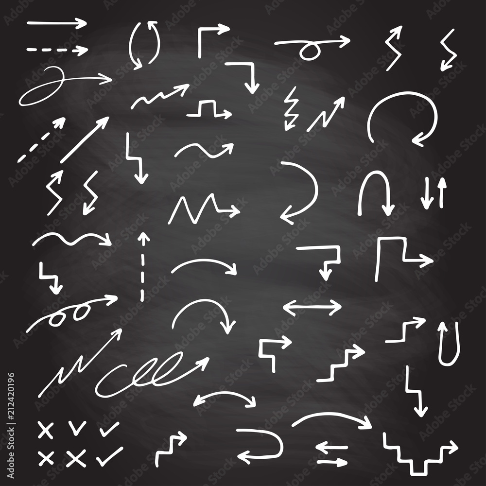Hand drawn arrow set isolated on blackboard texture with chalk rubbed ...