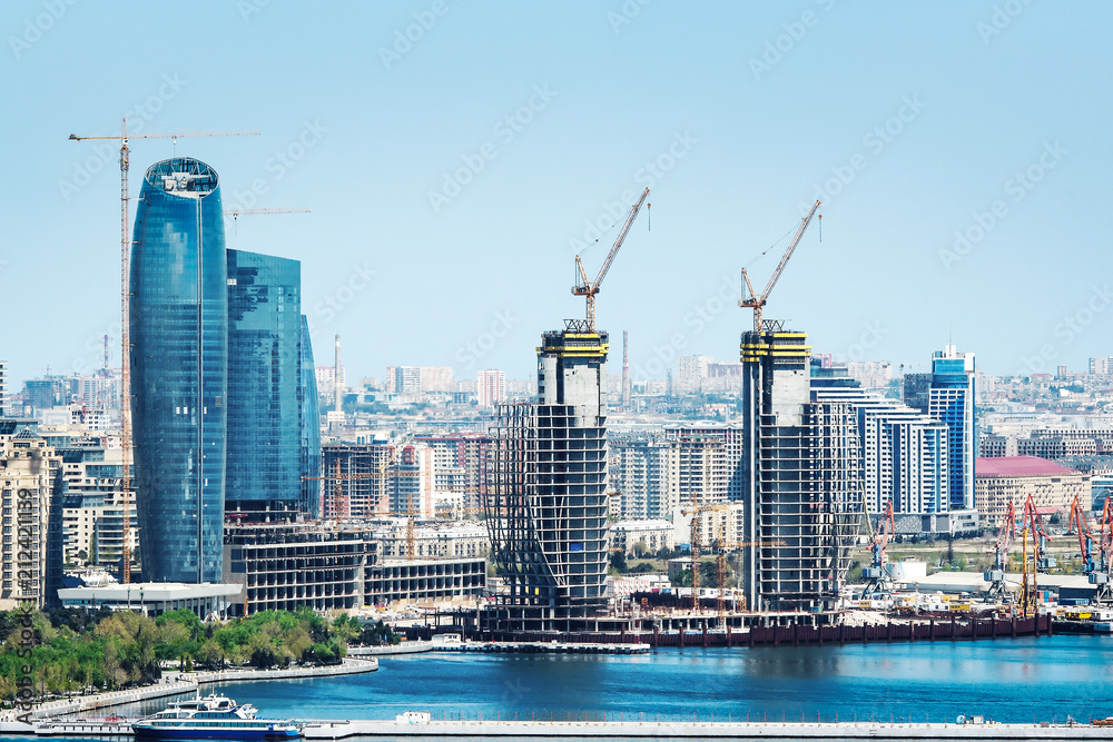 Scenic landscape of skyline Baku with numerous modern high-rise ...