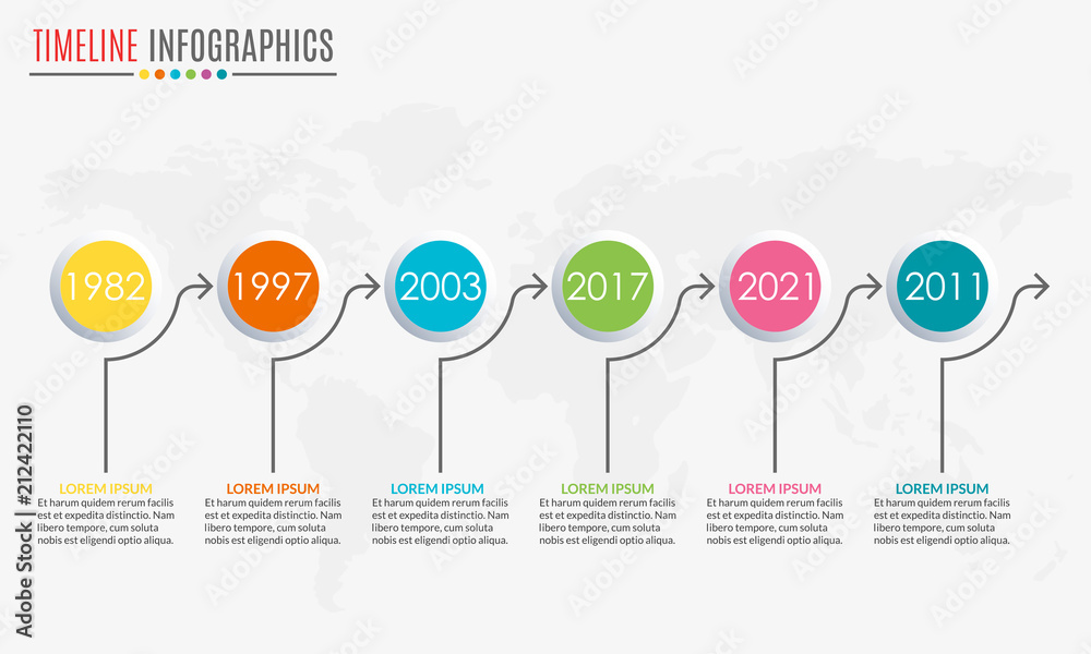 Timeline infographics template with 6 circles and arrow. 6 steps ...