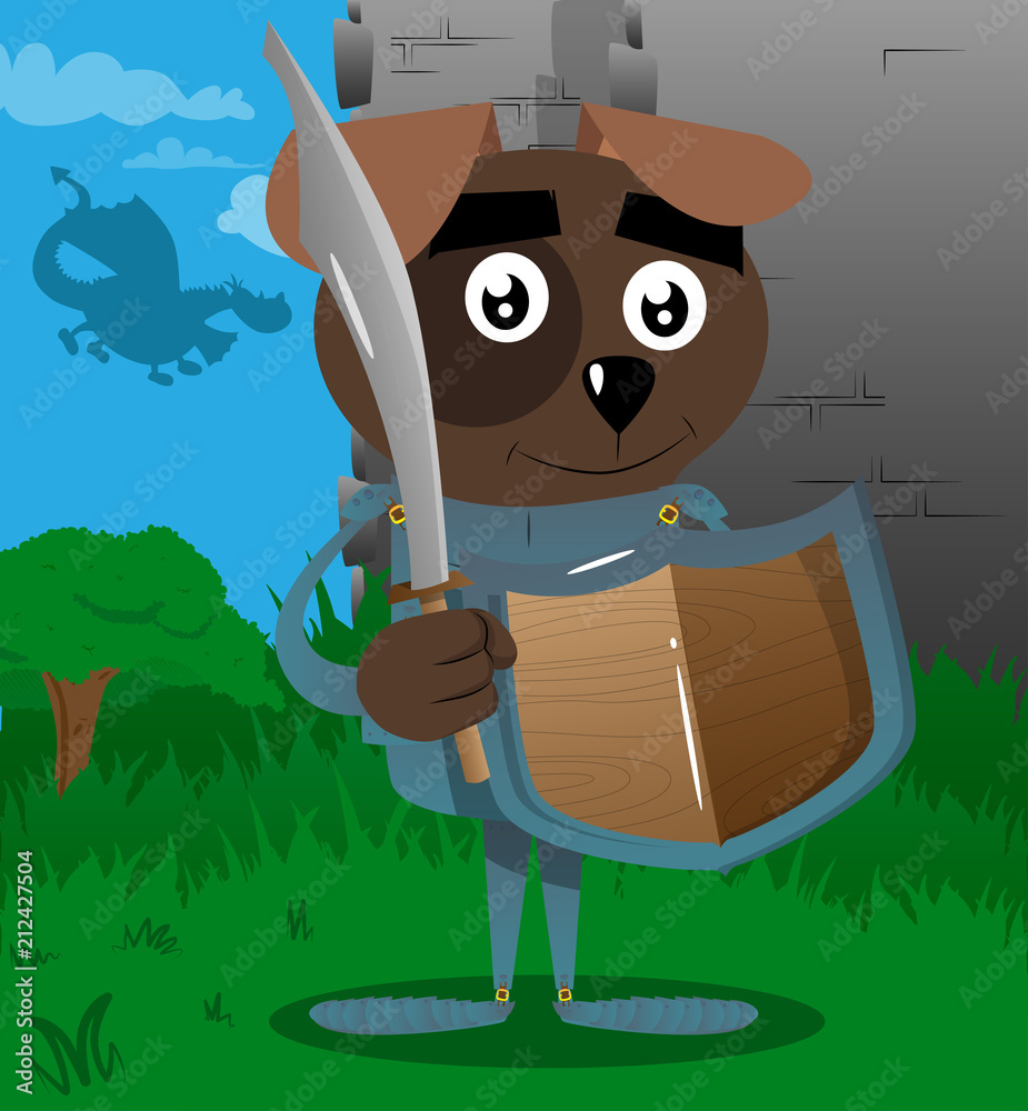 Cartoon illustrated brave dog knight in armor. Vector cartoon character ...