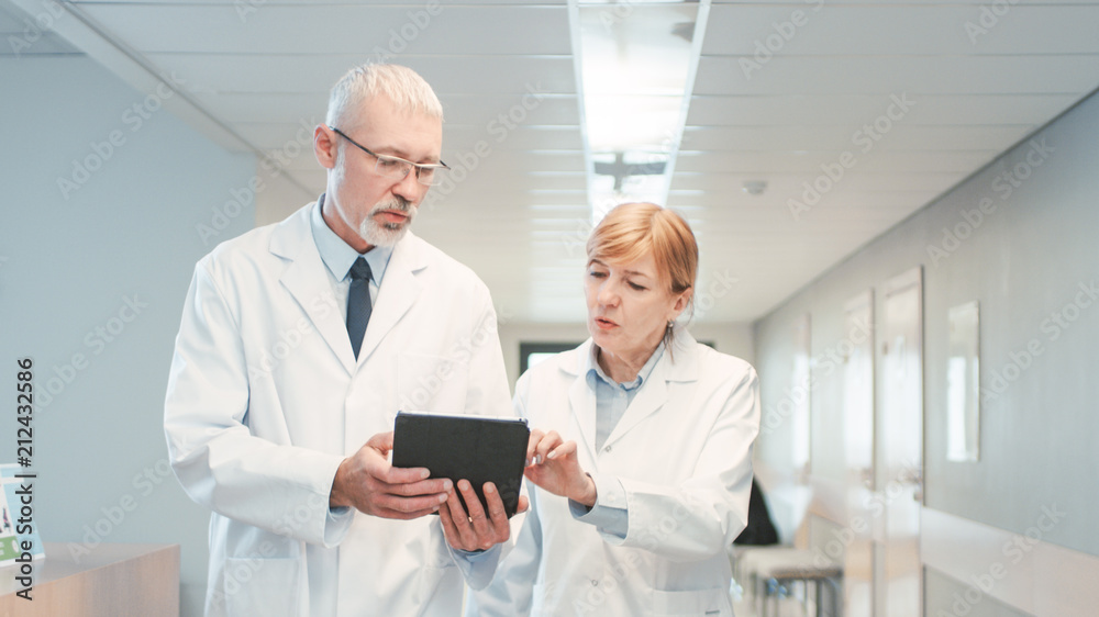 In the Hospital Two Doctors Walking Through the Hospital Hallway, They ...