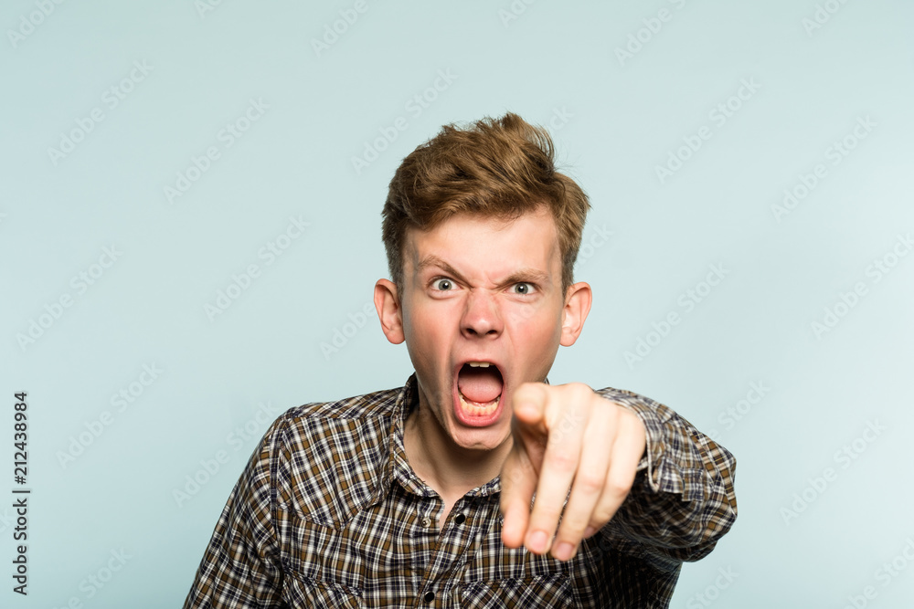 angry mental man screaming and pointing a finger. crazy infuriated ...