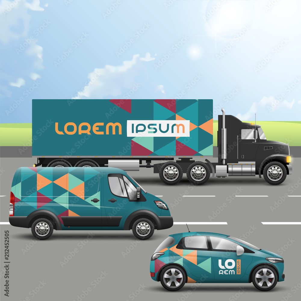 Blue transport advertising design with color geometric elements ...