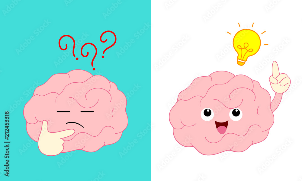 Cute cartoon brain character pondering face with right hand and light ...