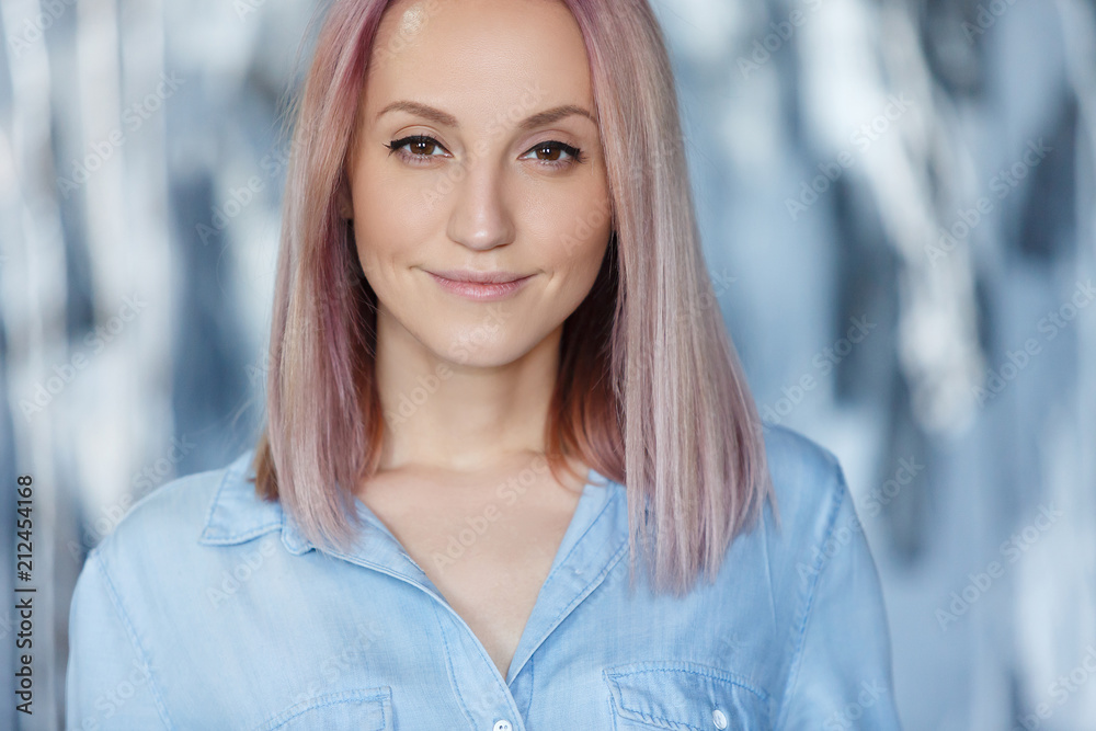 Closeup portrait of joyfull nice-looking female with pleasand smile and ...
